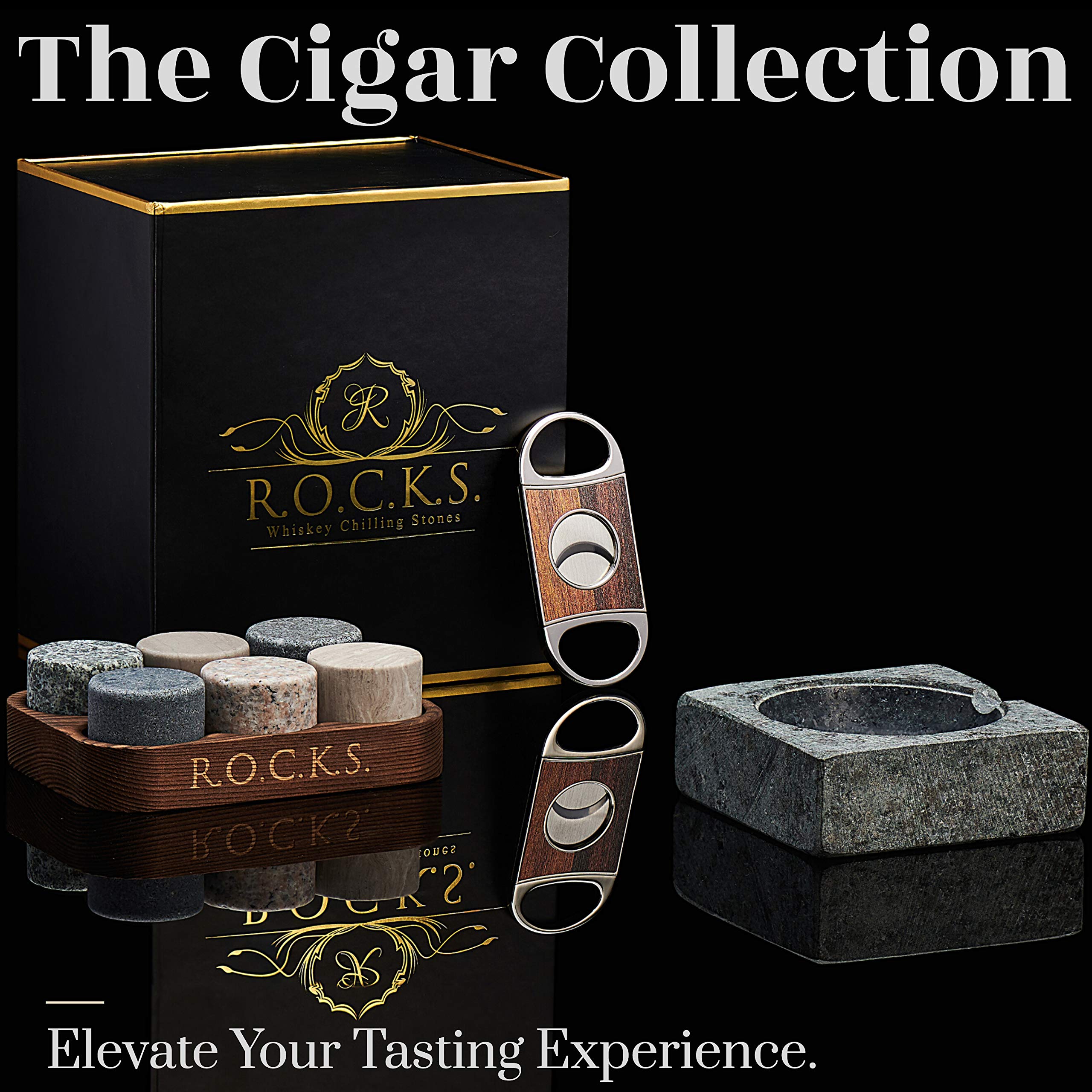 Whiskey Stones Gift Set with Cigar Cutter & Cigar Ashtray - 6 Handcrafted Round Stones, Presentation & Storage Tray - Luxurious Whiskey & Cigar Accessories Gold Foil Gift Box by R.O.C.K.S.