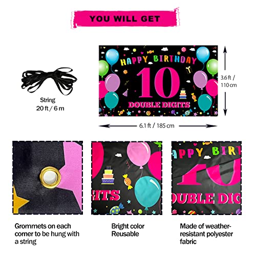 HTDZZI 10th Birthday Decorations for Girl, Happy 10th Birthday Backdrop Banner, Double Digits 10 Year Old Birthday Party Yard Sign Photo Booth Props Poster Decor Supplies, Fabric, 6.1ft x 3.6ft