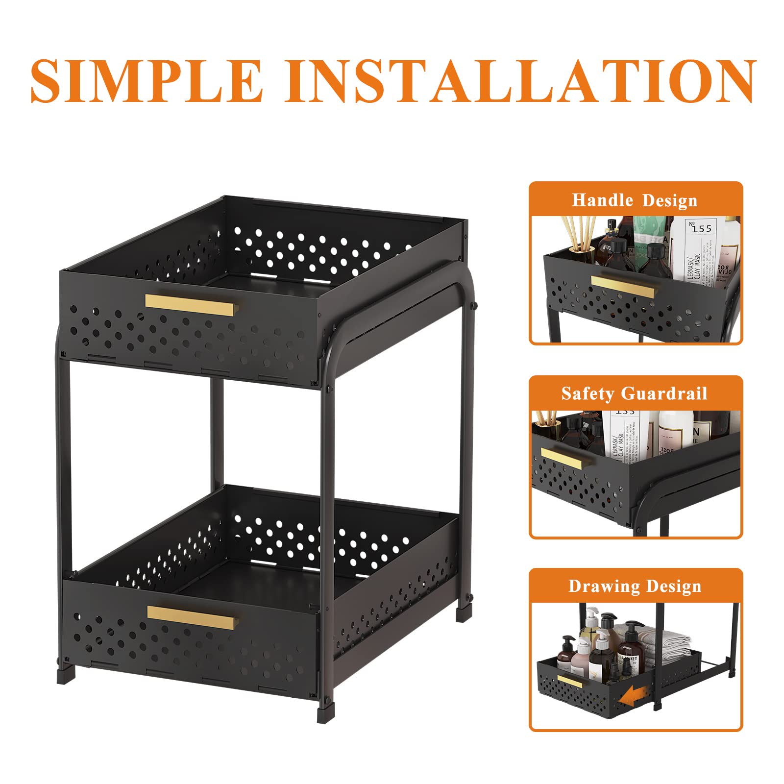 GILLAS 2 Tier Under Sink Organizer and Storage, Farmhouse Under Counter Storage for Kitchen, Under Cabinet Organizer for Bathroom, Sliding Basket Organizer, Black