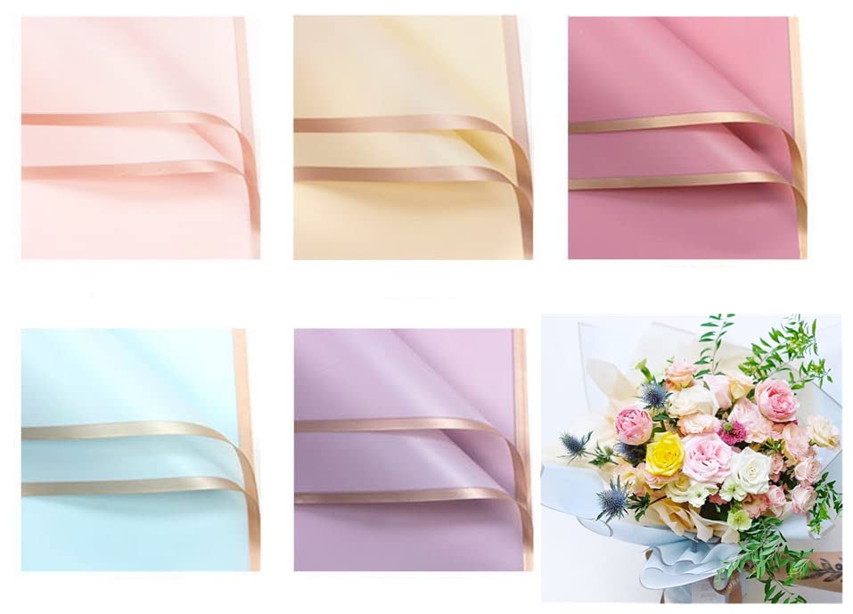 XICHEN 100 Sheets /10 Colors Gold Edge Flower Wrapping Paper,Florist Bouquet Supplies,DIY Crafts,Gift Packaging or Gift Box Packaging, Waterproof Floral Wrapping Paper 22.8x22.8Inch