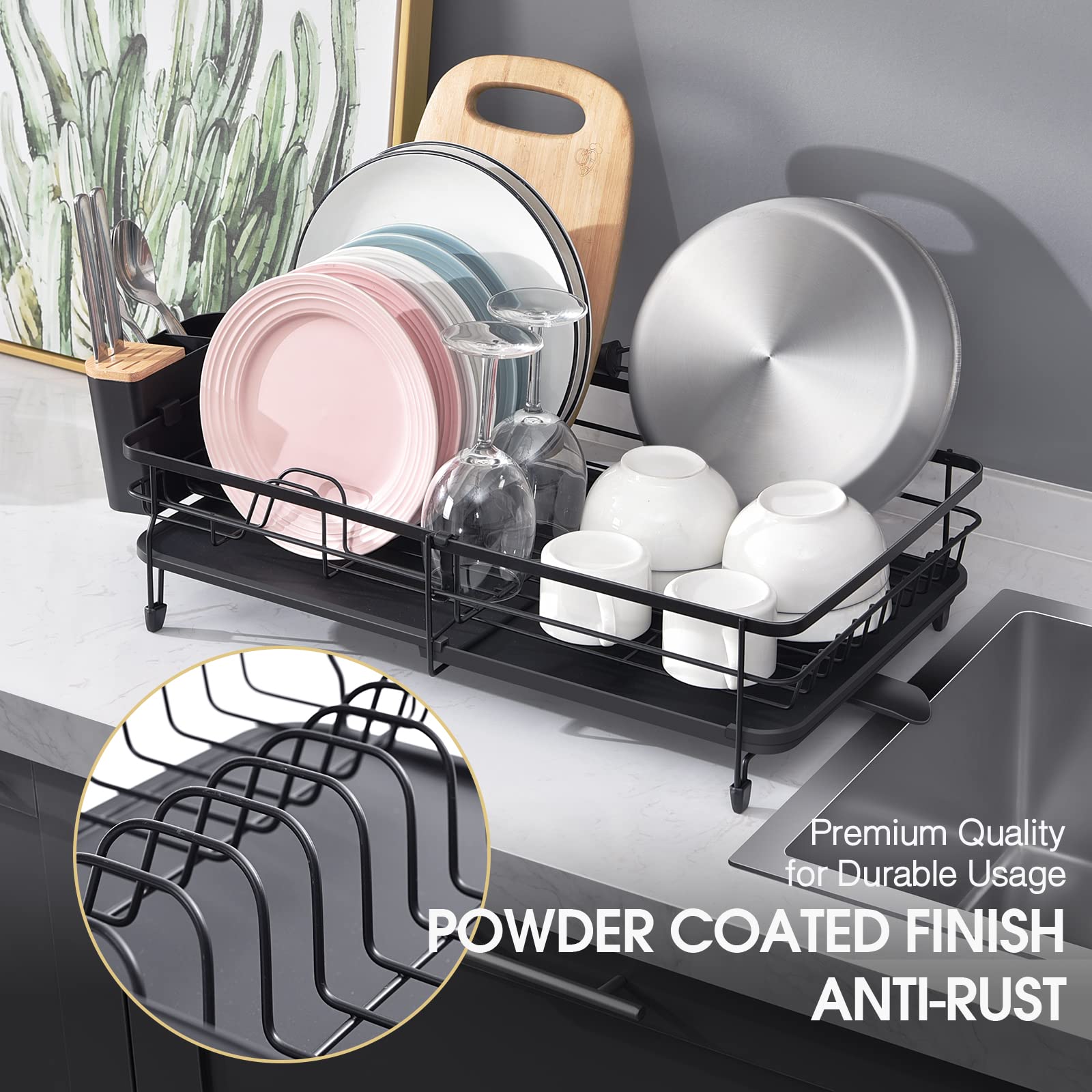 TOOLF Expandable Dish Drying Rack, Adjustable Dish Rack, Foldable Dish Drying Rack with Removable Cutlery Holder Swivel Drainage Spout, Anti-Rust Plate Rack for Kitchen, 1 Piece, Black