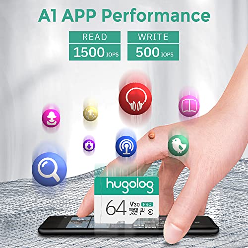Hugolog 64GB Micro SD Card, Micro SDXC UHS-I Memory Card – 95MB/s,633X,U3,C10, Full HD Video V30, A1, FAT32, High Speed Flash TF Card P500 for Phone/Tablet/PC/Computer