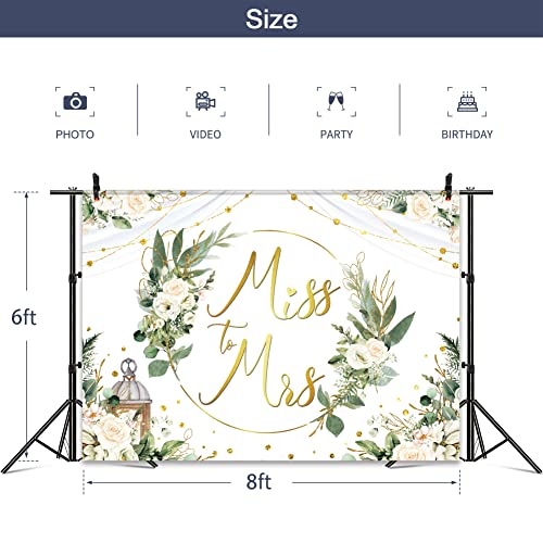 Omifly Miss to Mrs Backdrop 8x6ft Photography Wall Bridal Shower Rustic White Green Floral Wedding Bride to Be Background Engagement Party Decorations Cake Table Banner Decor Photo Booth Studio Props