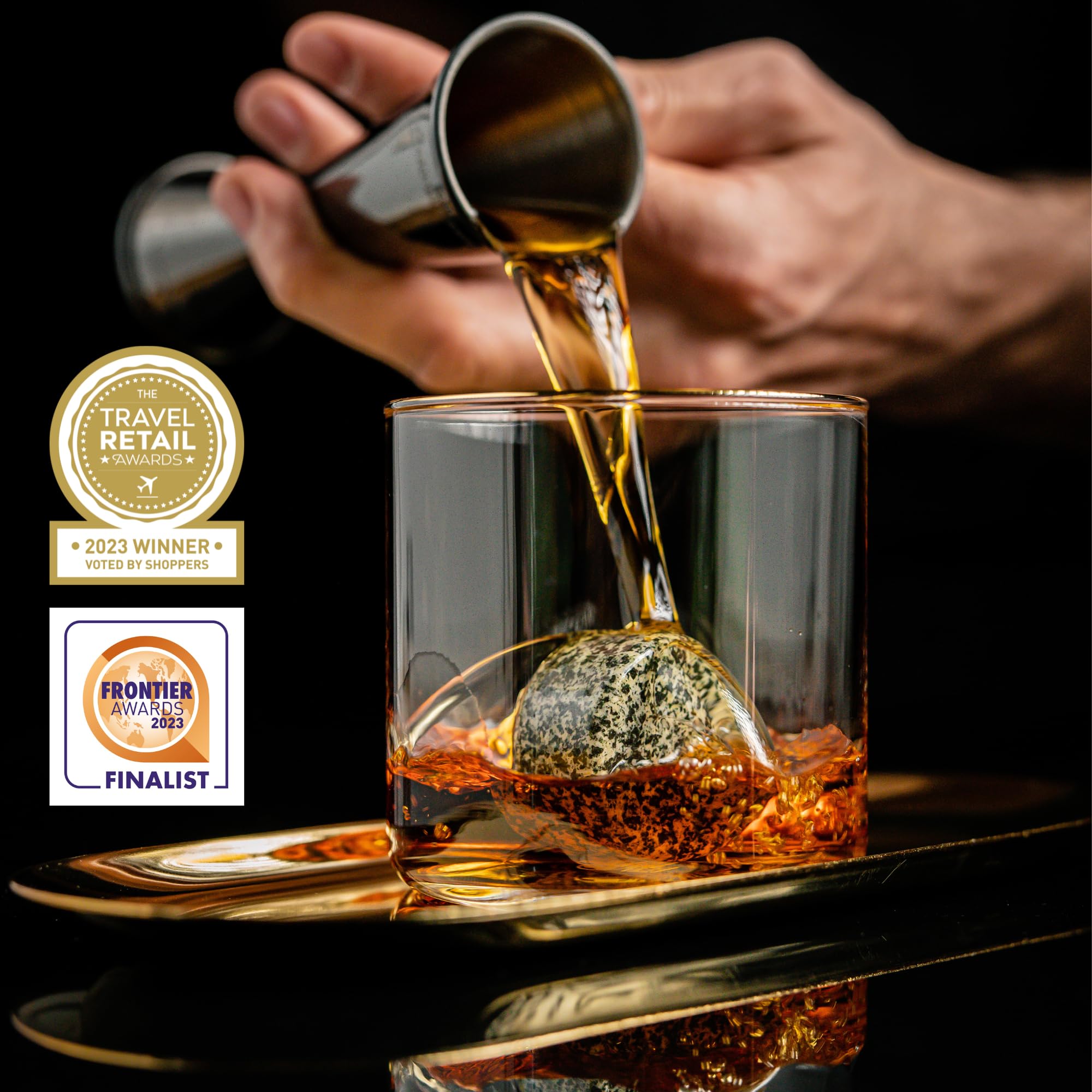 Whiskey Stones Gift Set with Cigar Cutter & Cigar Ashtray - 6 Handcrafted Round Stones, Presentation & Storage Tray - Luxurious Whiskey & Cigar Accessories Gold Foil Gift Box by R.O.C.K.S.