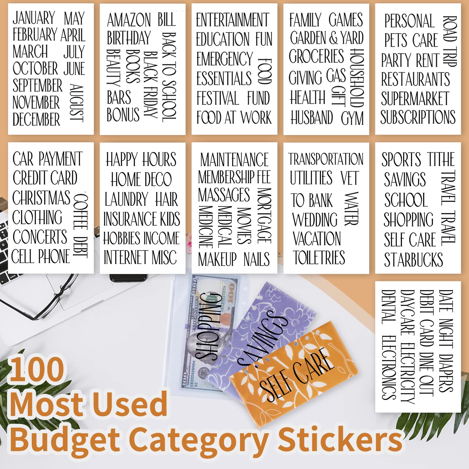 100 Cash Envelope Sticker Labels - Black Vinyl Decals for Finance Planner, Budget Stickers for Cash Envelope System Wallet & A6 Binder, Clear Labels Money Sticker for Budget Envelopes Coupon Organizer