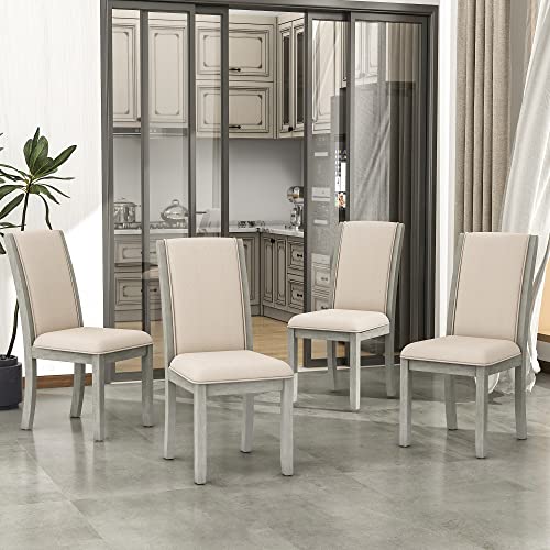 LUMISOL Upholstered Dining Chairs Set of 4, High Back Padded Dining Chairs with Solid Wood Legs, Modern Linen Fabric Kitchen Chairs (Gray + Beige)