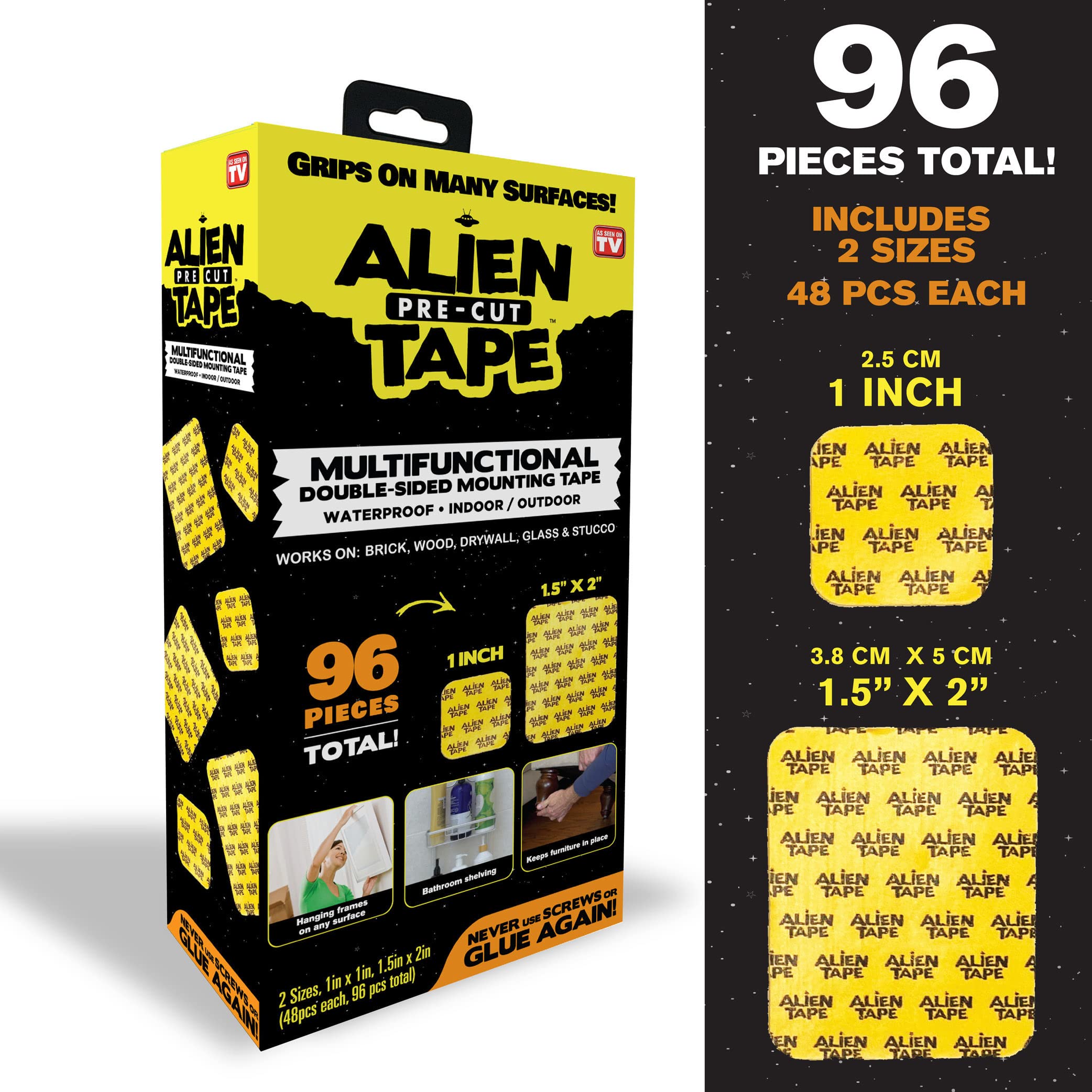 Alientape Pre Cut 96 Piece Set Double Sided Tape Multipurpose Removable Adhesive Transparent Grip Mounting Strips Washable Strong Sticky Heavy Duty for Carpet Photo Frame Poster Décor As Seen On TV