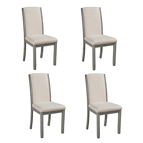 LUMISOL Upholstered Dining Chairs Set of 4, High Back Padded Dining Chairs with Solid Wood Legs, Modern Linen Fabric Kitchen Chairs (Gray + Beige)