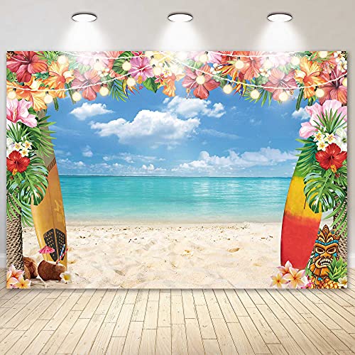 LIVUCEE 8x6ft Fabric Summer Hawaiian Beach Backdrop for Photography Tropical Flower Luau Aloha Backdrop Blue Sky Ocean Palm Leaves Background Birthday Hawaiian Party Decorations Suppiles Photoshoot