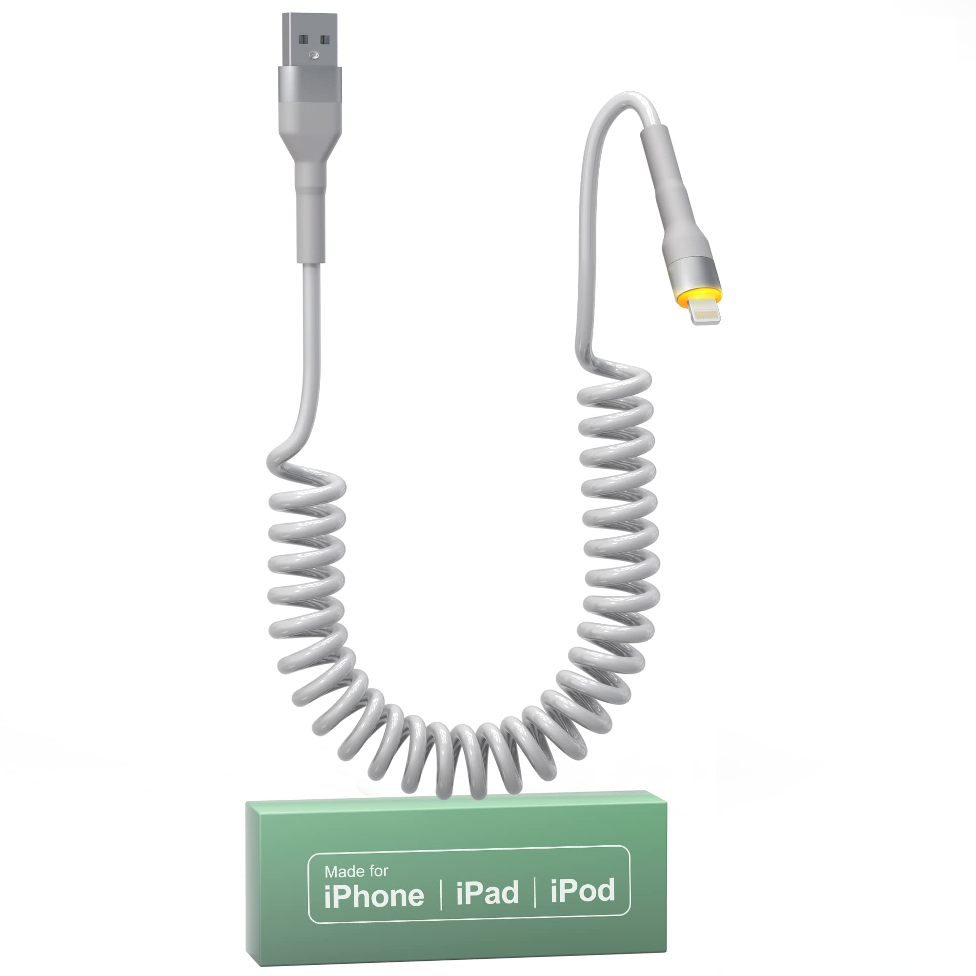 Coiled iPhone Lightning Cable Apple Carplay Cable MFi Certified, Retractable Apple Car Play Cord with Data Sync and LED, Short Coiled iPhone Charger Cable for iPhone/Pad/Pod, White