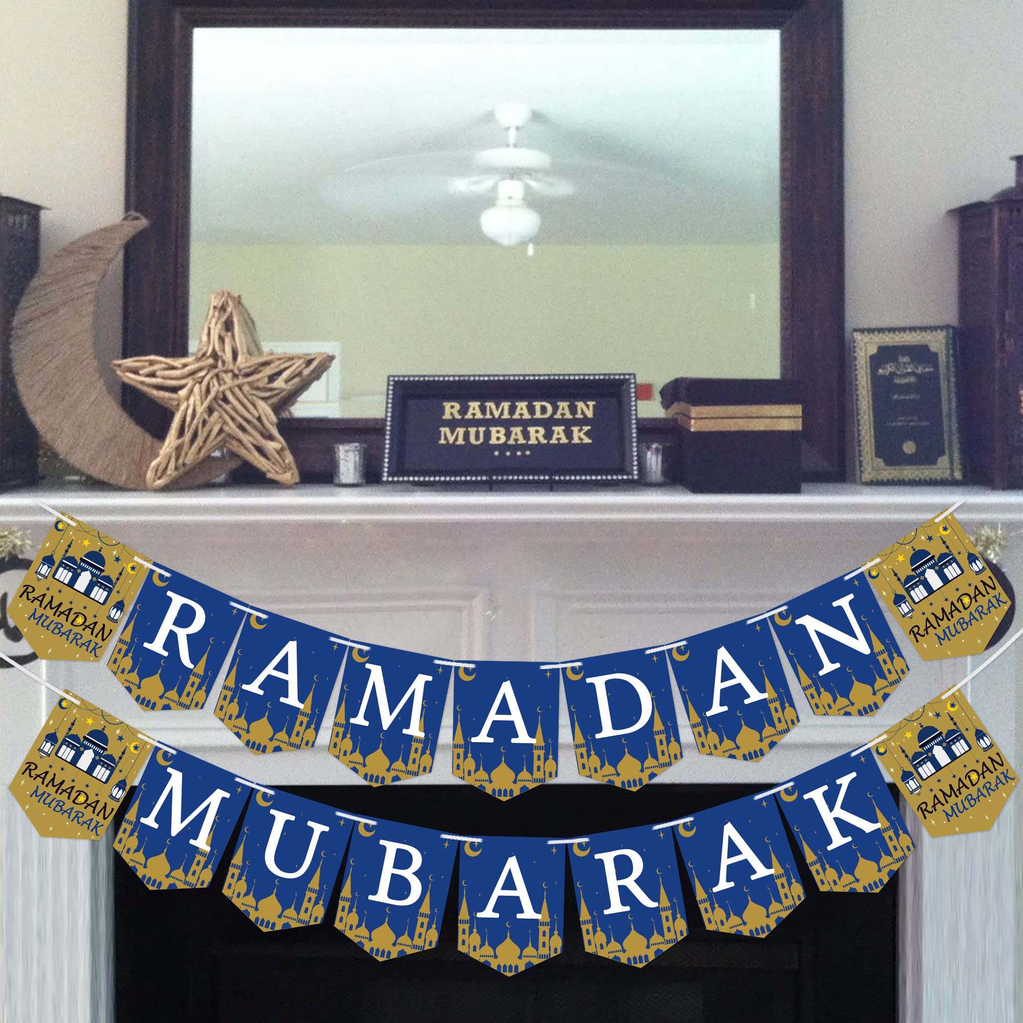 Ramadan Mubarak Banner - Ramadan Mubarak Decoration - Ramadan Mubarak Party Decorations Supplies - Mubarak Bunting Banner - Mubarak Home Mantle Fireplace Hanging Banner - No Assembled Required