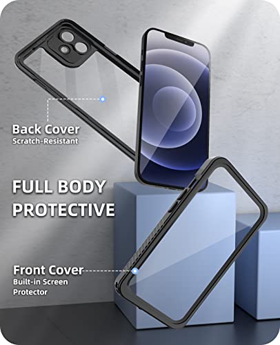 WIFORT iPhone 12 Waterproof Case - Built-in Screen Protector Water Resistant Cover Protective Drop Protection Hard, Shockproof Full Body Defender Tough Military Grade - 6.1" Black