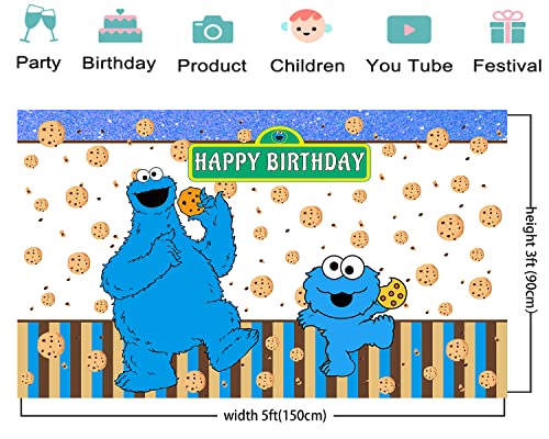 MEDSOX Blue Cookie Monster Backdrop for Birthday Party Supplies 5x3ft Cartoon Banner for Street Party Decorations