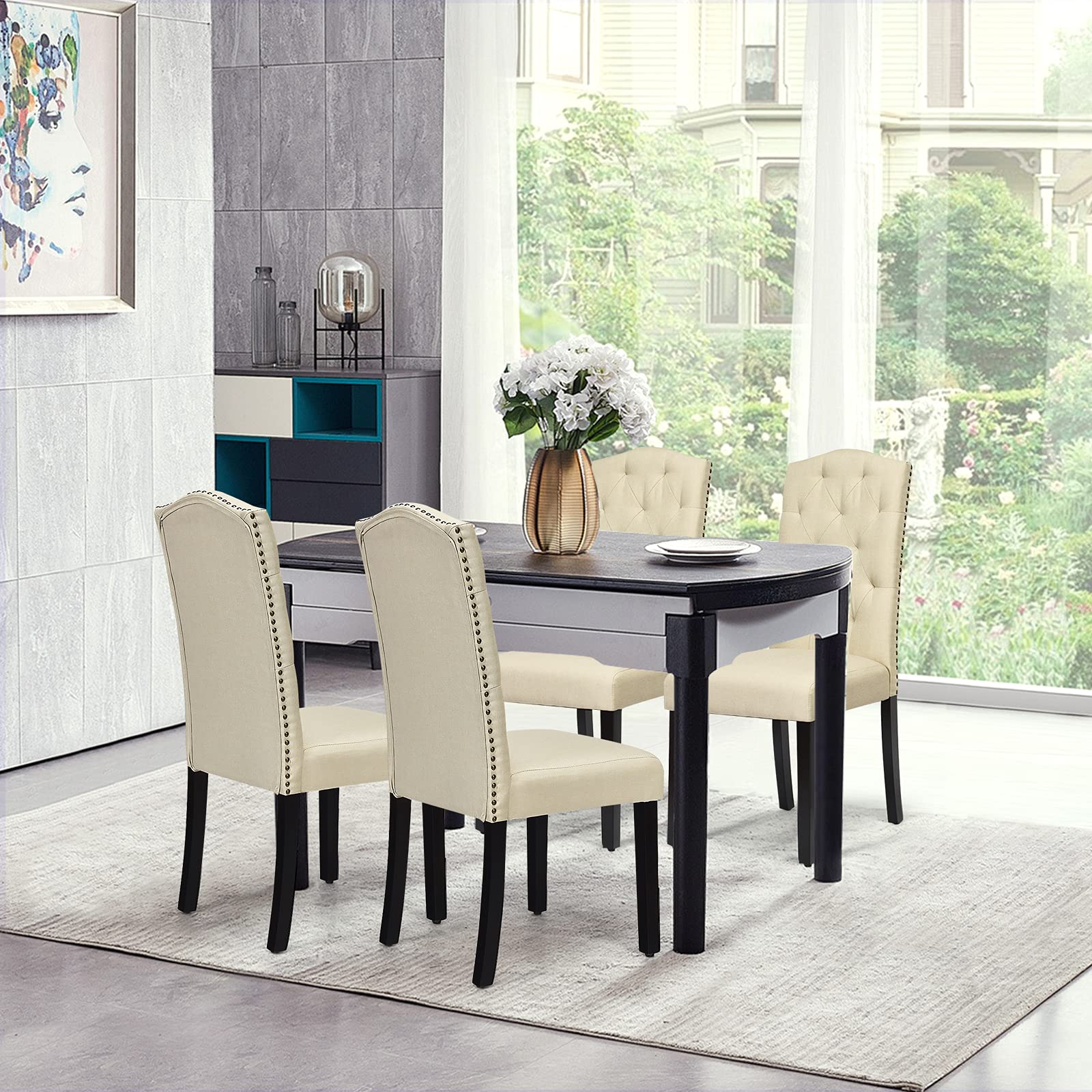 GORELAX Fabric Dining Chairs Set of 2, Modern Upholstered Dining Chair w/Solid Wood Leg, Adjustable Foot Pad, Tufted Kitchen Chairs for Farmhouse, Restaurant (Set of 2, Beige)