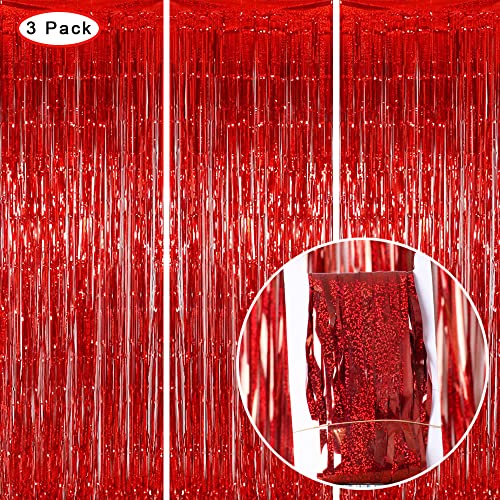 3 Pack Fringe Curtains Party Decorations,Tinsel Backdrop Curtains for Parties,Photo Booth Wedding Graduations Birthday Christmas Event Party Supplies (Red)