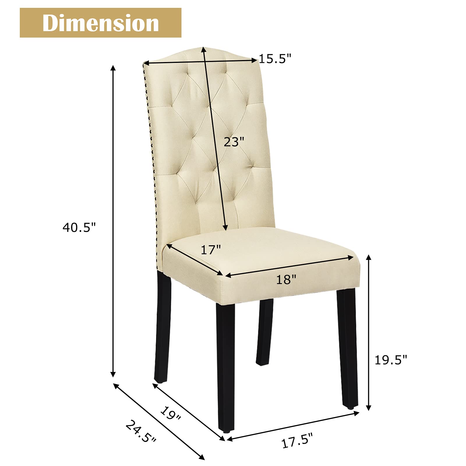 GORELAX Fabric Dining Chairs Set of 2, Modern Upholstered Dining Chair w/Solid Wood Leg, Adjustable Foot Pad, Tufted Kitchen Chairs for Farmhouse, Restaurant (Set of 2, Beige)