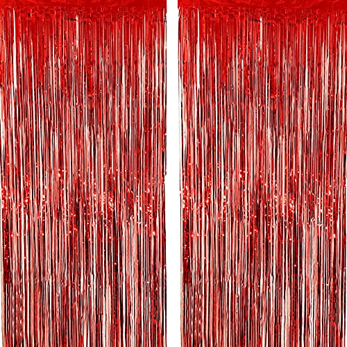 2 Pack 3.2 ft x 8.2 ft Red Tinsel Foil Fringe Curtains Backdrop, Sparkle Fringe Curtains for Party Photo Background Decoration