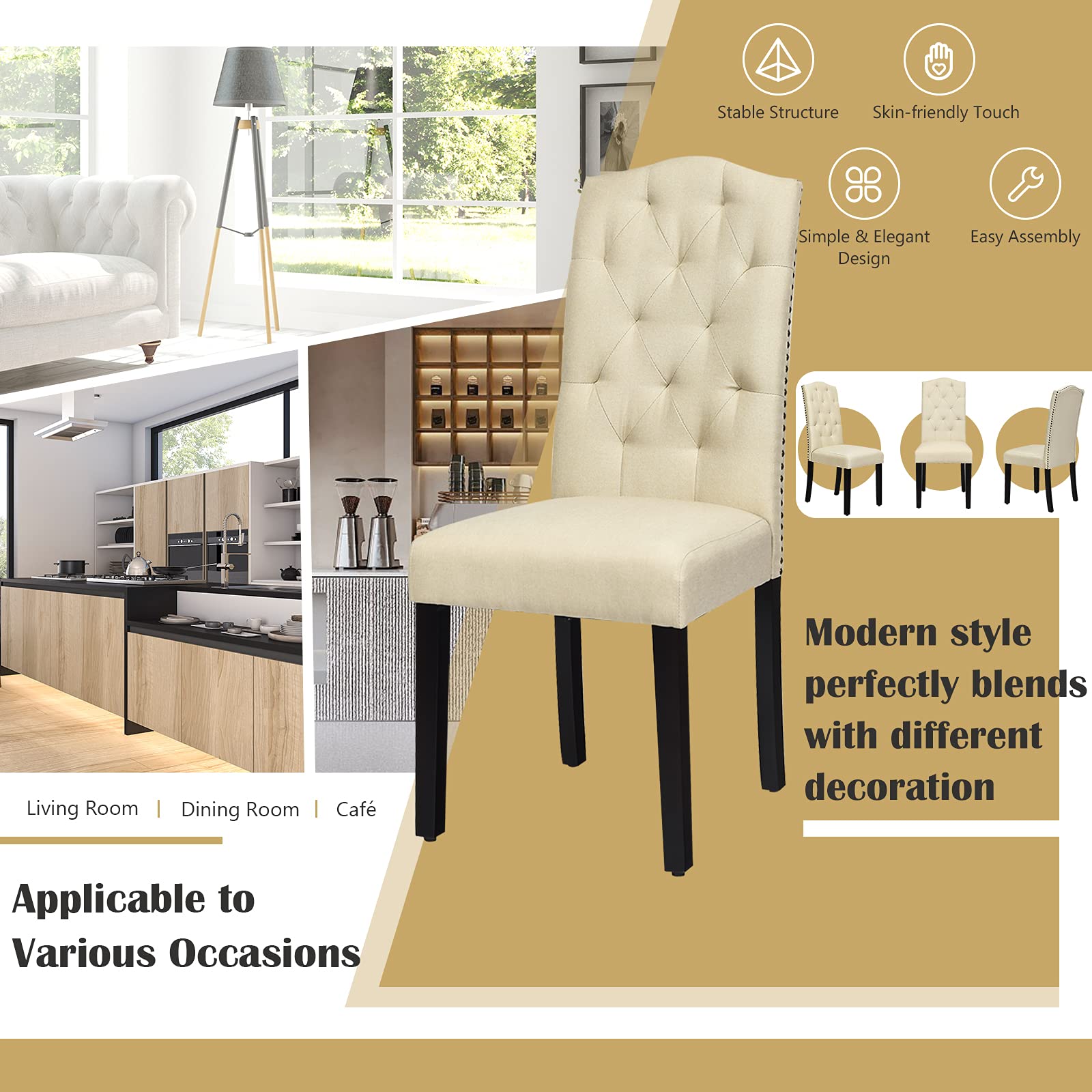 GORELAX Fabric Dining Chairs Set of 2, Modern Upholstered Dining Chair w/Solid Wood Leg, Adjustable Foot Pad, Tufted Kitchen Chairs for Farmhouse, Restaurant (Set of 2, Beige)