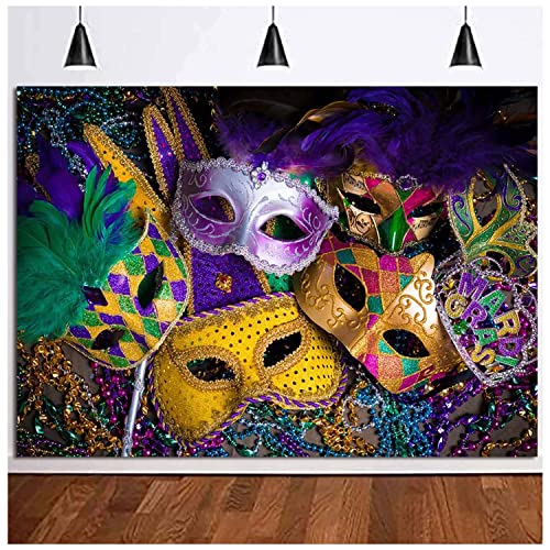 Masquerade Backdrops Purple Gold Glitter Beads Mask Carnival Photography Backdrop Fiesta Mardi Gras Dance Photo Background Birthday Party Photo Booths Props Decorations Supplies Vinyl 8x6ft