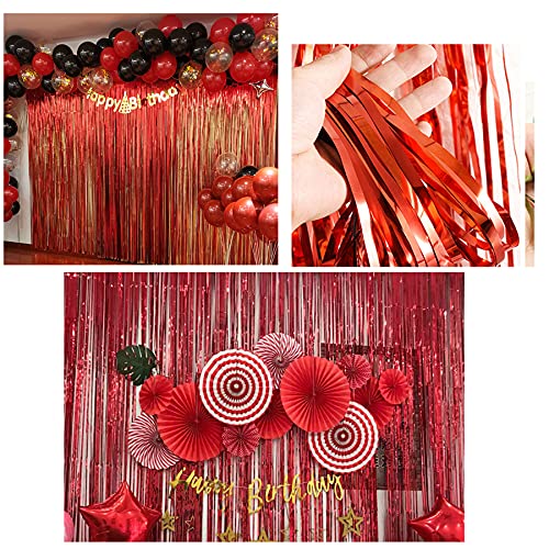 2 Pack 3.2 ft x 8.2 ft Red Tinsel Foil Fringe Curtains Backdrop, Sparkle Fringe Curtains for Party Photo Background Decoration
