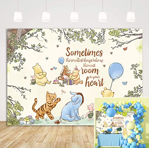 Classic Cartoon Bear Backdrop Baby Shower Decorations Vintage Honey Bear Blue Balloon Photography Background Boys Kids Party Supplies Cake Table Banner Photo Booth Props, 5x3FT(150x90cm)