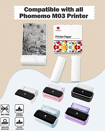 Phomemo M03 Pocket Printer- Portable Printer Photo Printer with 3 Roll 3 Inch Black on White, 77mm x 3.5m, 3 Inch X 11.5 ft, Compatible with iOS + Android for Photos, Journalist, Work, Plan-Black