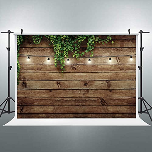 Riyidecor Vintage Wooden Board Backdrop 8Wx6H Feet Green Leaves on Brown Wood Plank Lights Rustic Anniversary Baby Shower Birthday Party Photography Background Banners Decor Props Photo Shoot Fabric