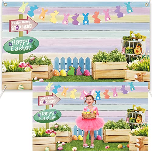 6.1 x 3.6 ft Easter Spring Backdrop Colorful Eggs Bunny Easter Background Garden Fabric Decoration Flower Stand Kid Party Supplies Banner Portrait Studio Photography Photo Prop Gift