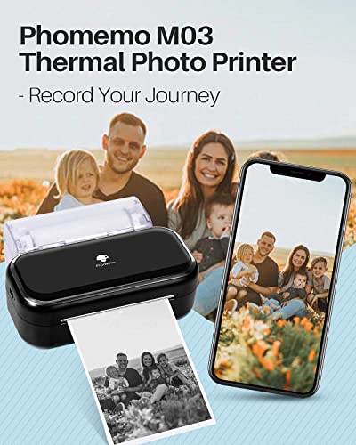 Phomemo M03 Pocket Printer- Portable Printer Photo Printer with 3 Roll 3 Inch Black on White, 77mm x 3.5m, 3 Inch X 11.5 ft, Compatible with iOS + Android for Photos, Journalist, Work, Plan-Black