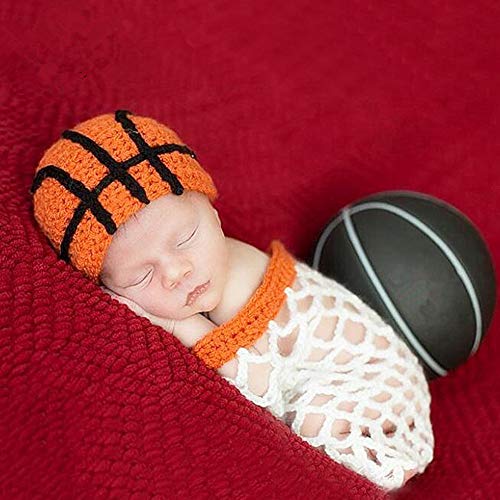 Newborn Infant Photography Props Basketball Crochet Costume Orange Hat+White Basket Photo Shoot Props