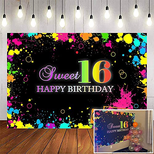 Avezano Sweet 16 Backdrops Neon Glow in The Dark Happy 16th Birthday Party Banners Decorations Graffiti 16th Birthday Parties Backgrounds(7x5ft)