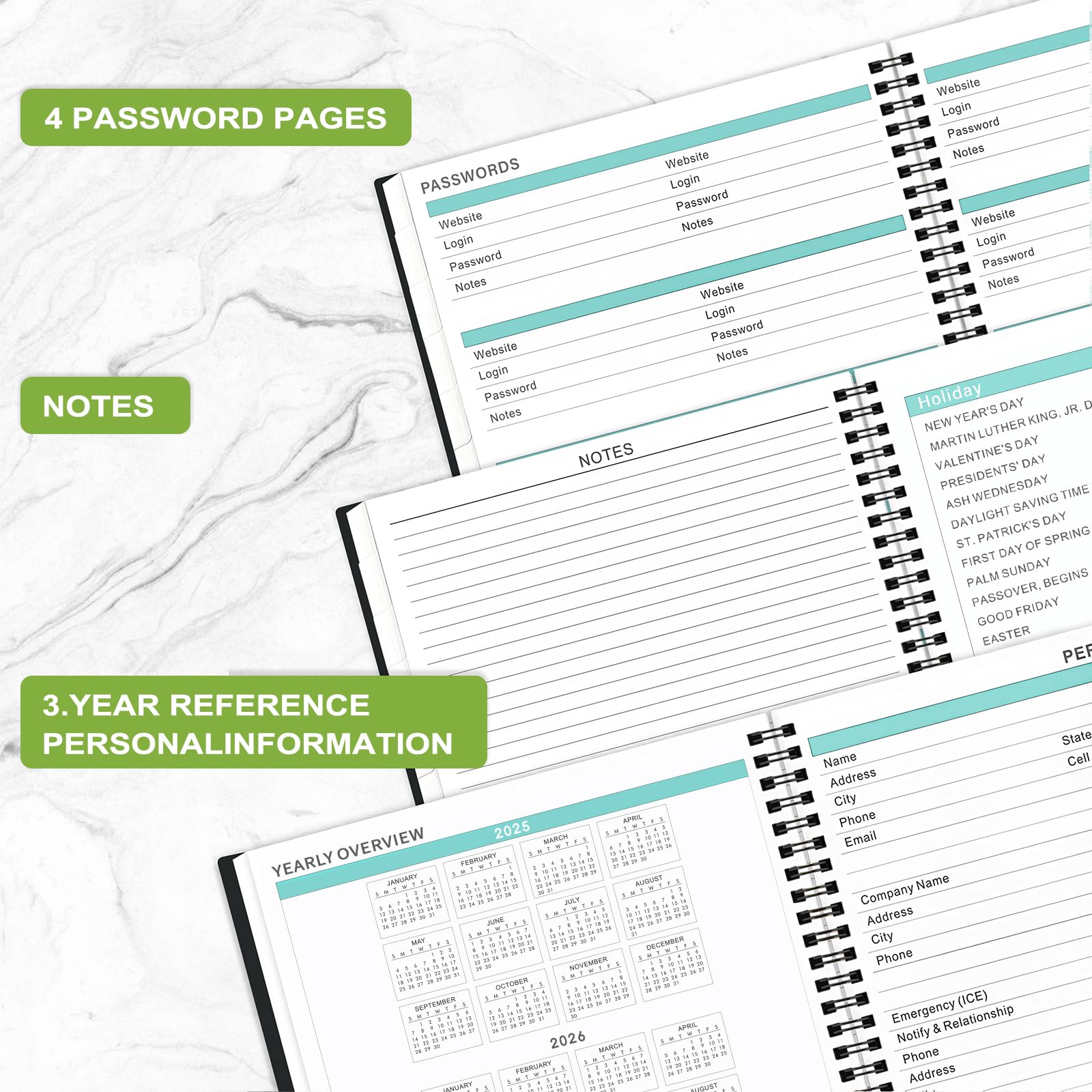 2023-2024 Monthly Planner/Calendar - 18-Month Planner with Tabs & Pocket, July 2023 - December 2024, Contacts and Passwords, 8.5" x 11", Thick Paper, Twin-Wire Binding - Black