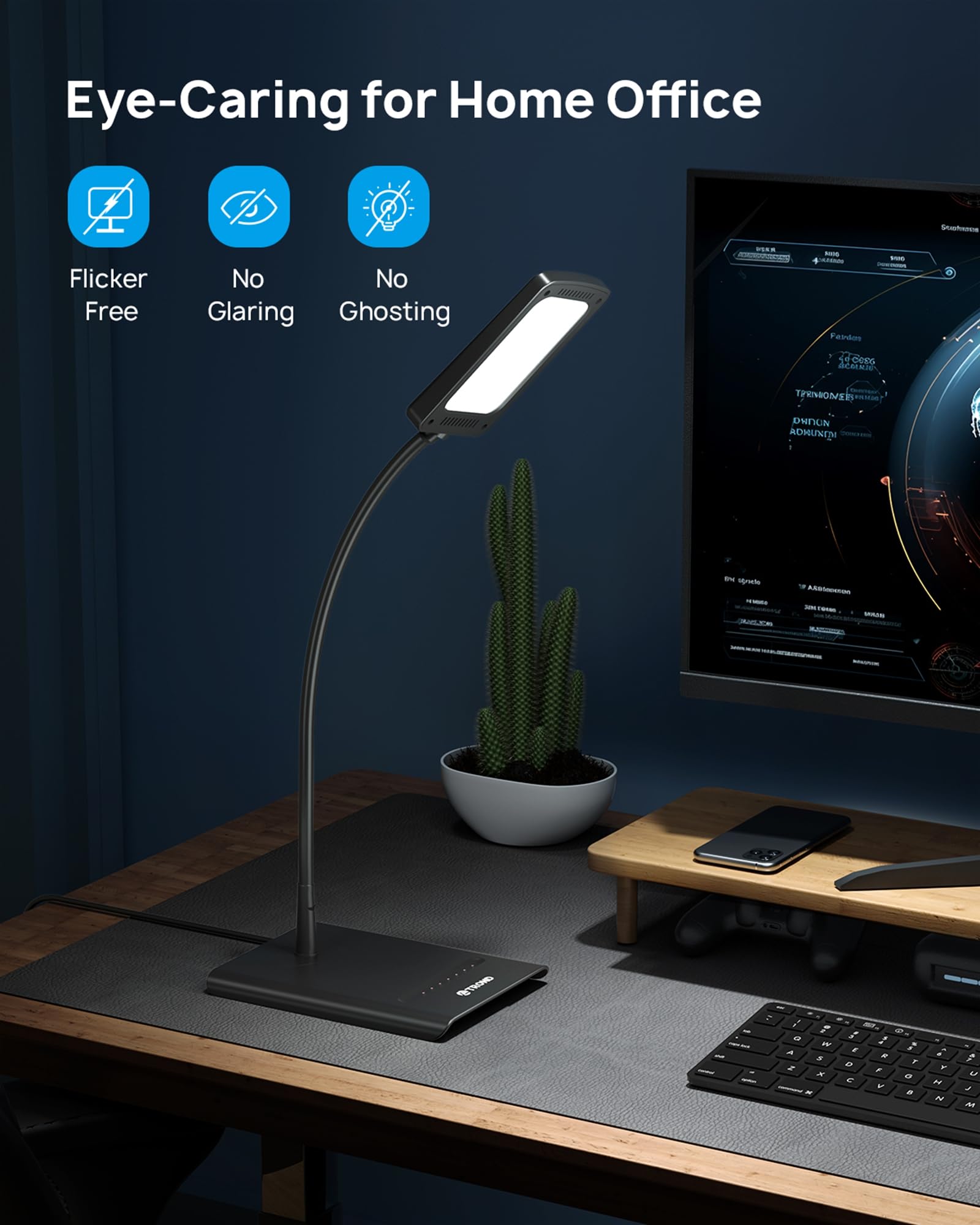 TROND Desk Lamp, Dimmable Eye-Caring Task Lamp, 3 Color Modes 7 Brightness Levels Table Lamp, Flexible Gooseneck Lamp, Desk Light for Home Office Bedroom Kitchen Nightstand Reading, 6000K, 10W, Black