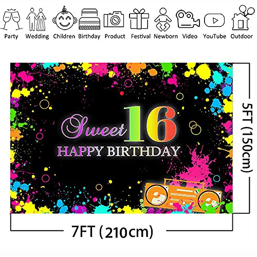 Avezano Sweet 16 Backdrops Neon Glow in The Dark Happy 16th Birthday Party Banners Decorations Graffiti 16th Birthday Parties Backgrounds(7x5ft)