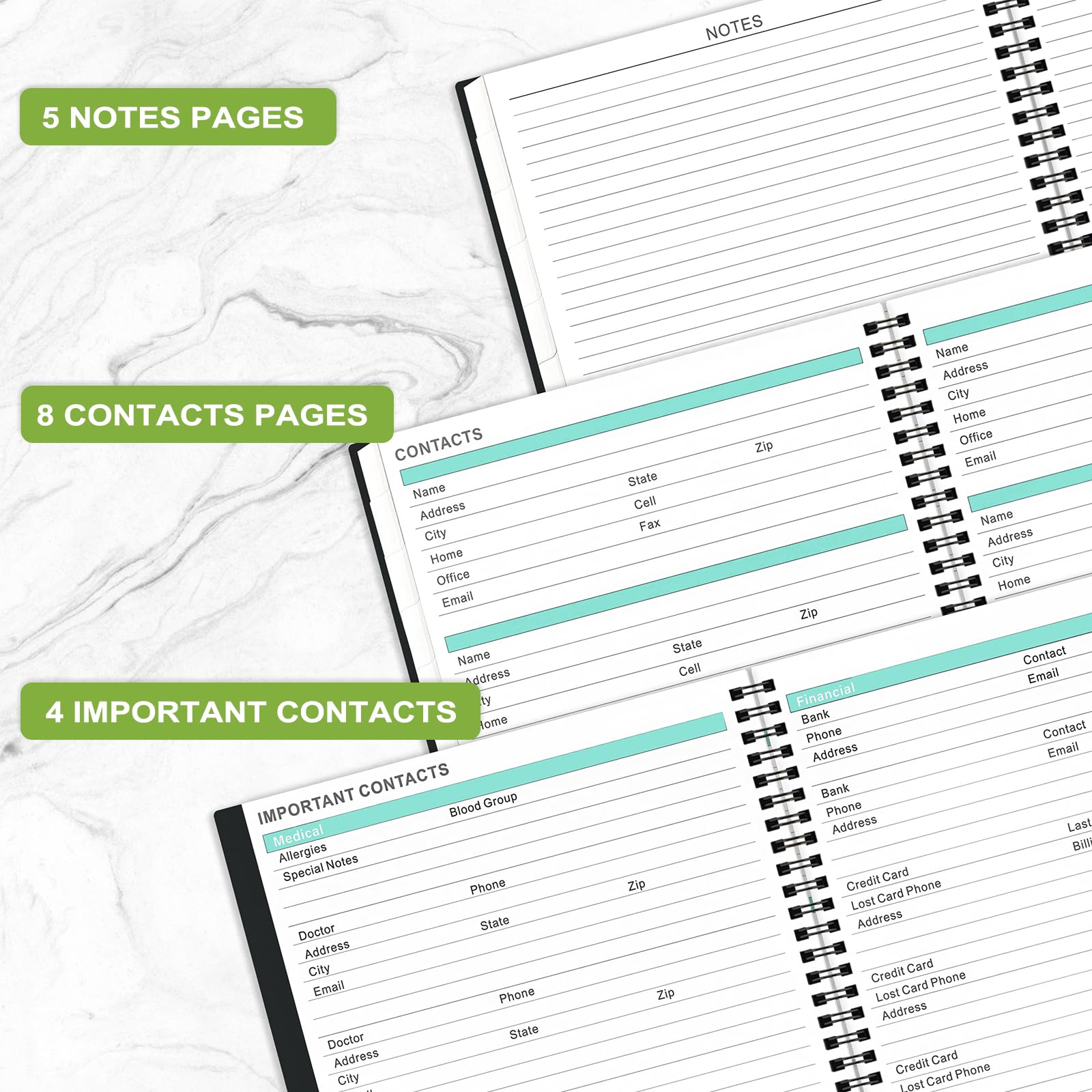 2023-2024 Monthly Planner/Calendar - 18-Month Planner with Tabs & Pocket, July 2023 - December 2024, Contacts and Passwords, 8.5" x 11", Thick Paper, Twin-Wire Binding - Black