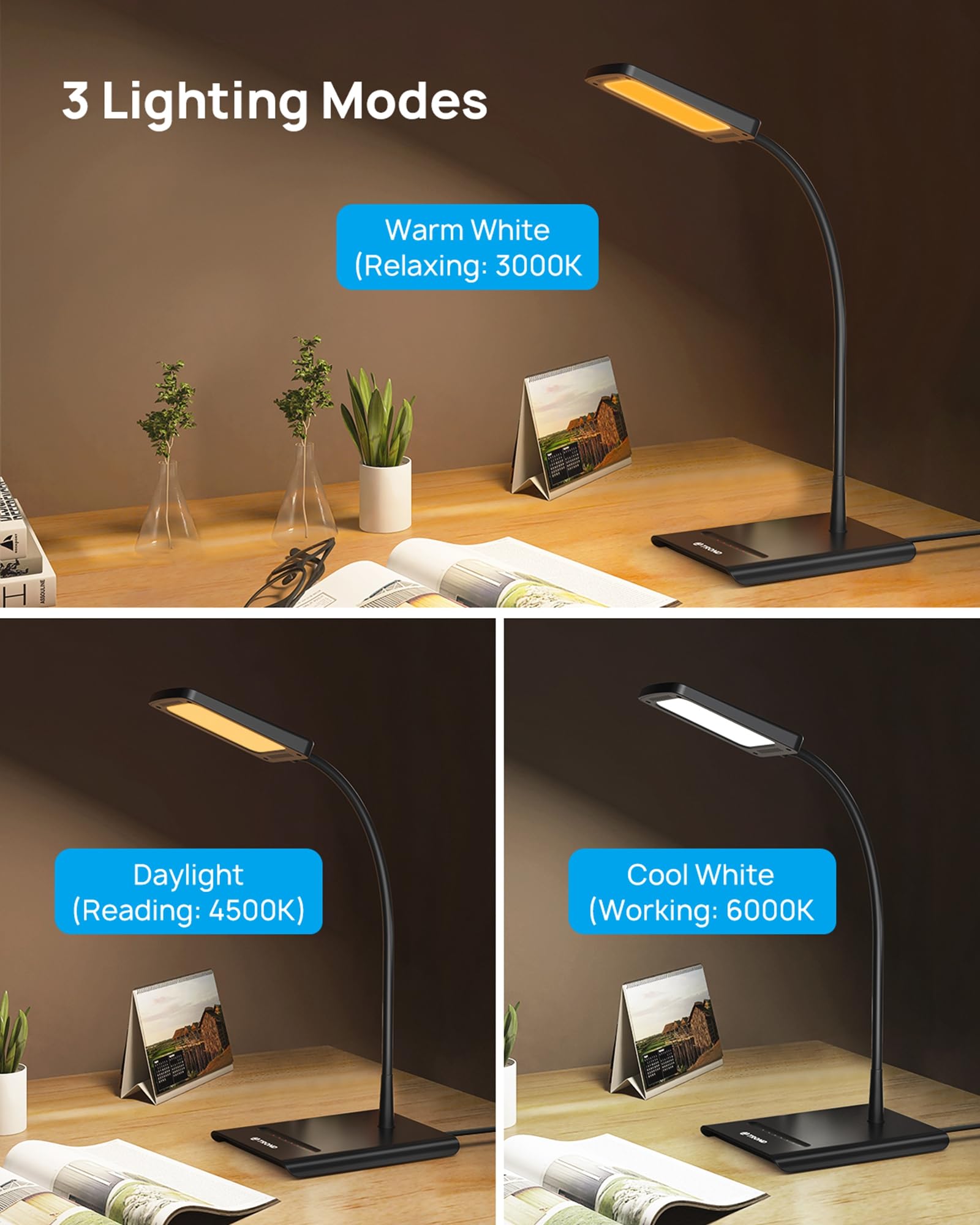 TROND Desk Lamp, Dimmable Eye-Caring Task Lamp, 3 Color Modes 7 Brightness Levels Table Lamp, Flexible Gooseneck Lamp, Desk Light for Home Office Bedroom Kitchen Nightstand Reading, 6000K, 10W, Black