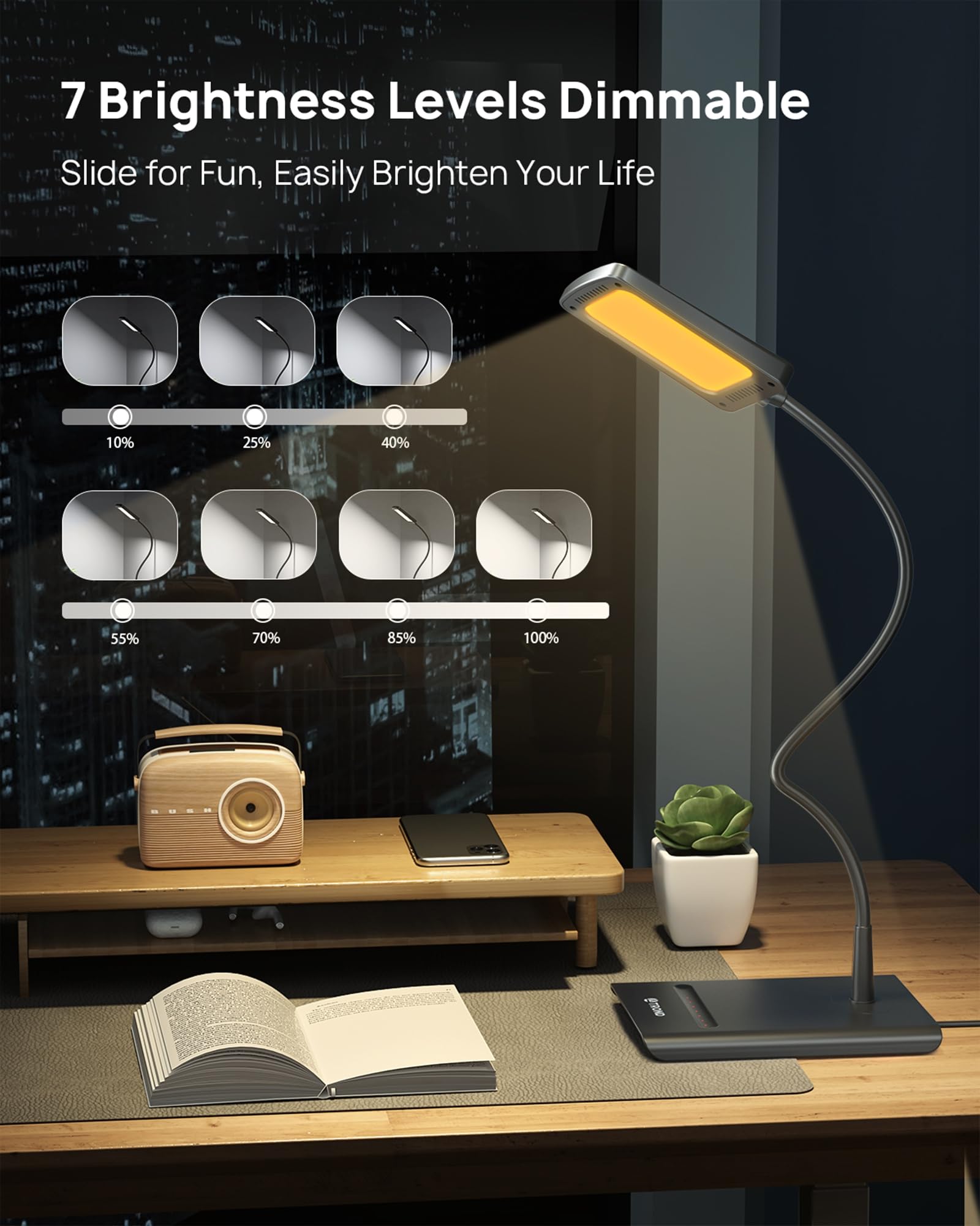 TROND Desk Lamp, Dimmable Eye-Caring Task Lamp, 3 Color Modes 7 Brightness Levels Table Lamp, Flexible Gooseneck Lamp, Desk Light for Home Office Bedroom Kitchen Nightstand Reading, 6000K, 10W, Black