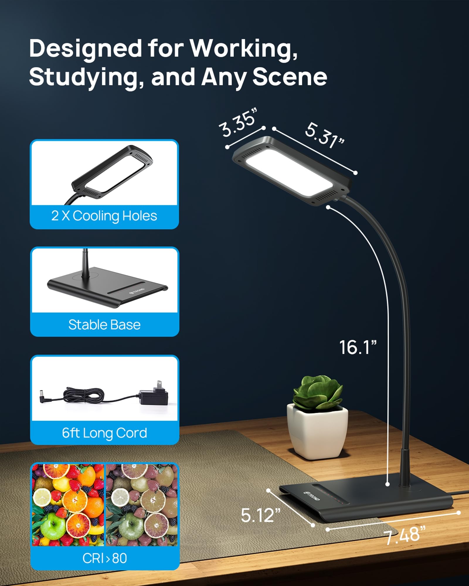 TROND Desk Lamp, Dimmable Eye-Caring Task Lamp, 3 Color Modes 7 Brightness Levels Table Lamp, Flexible Gooseneck Lamp, Desk Light for Home Office Bedroom Kitchen Nightstand Reading, 6000K, 10W, Black