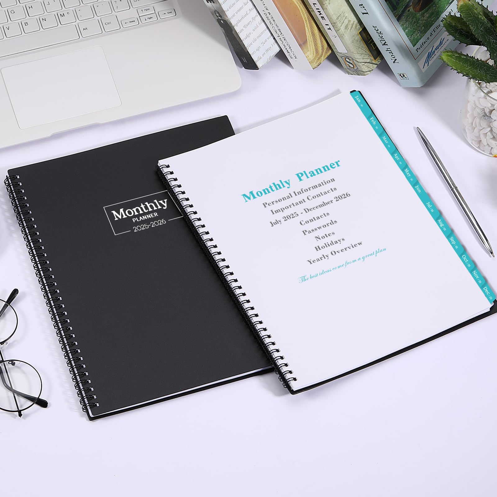 2023-2024 Monthly Planner/Calendar - 18-Month Planner with Tabs & Pocket, July 2023 - December 2024, Contacts and Passwords, 8.5" x 11", Thick Paper, Twin-Wire Binding - Black