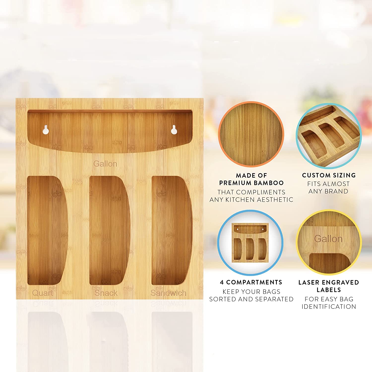 Food Ziplock Bag Storage Organizer For Kitchen Drawer, Bamboo Baggie Holder, Compatible With Ziploc, Solimo, Glad, Hefty For Gallon, Quart, Sandwich And Snack Variety Size Bags(1 Box 4 Slots) (1)