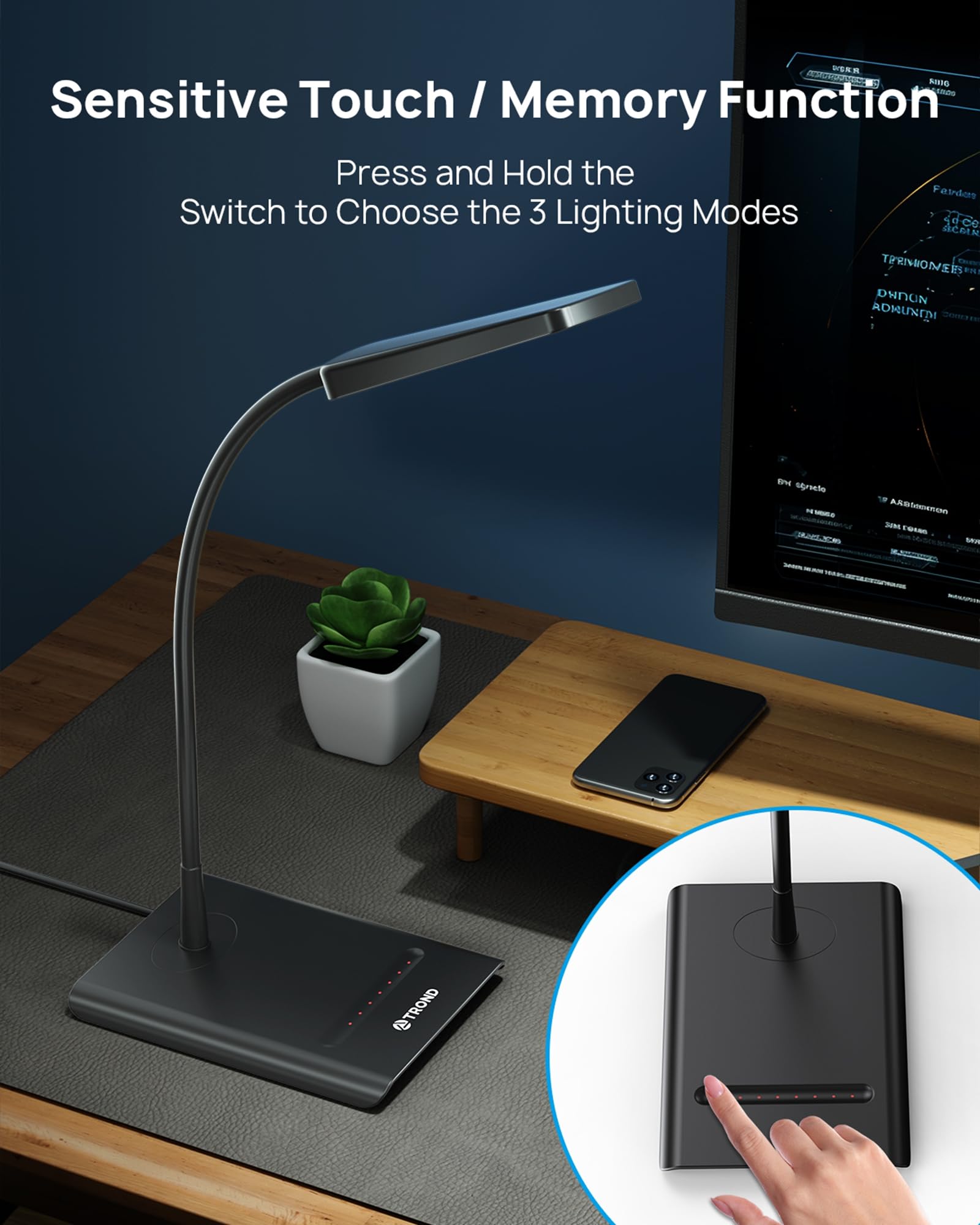TROND Desk Lamp, Dimmable Eye-Caring Task Lamp, 3 Color Modes 7 Brightness Levels Table Lamp, Flexible Gooseneck Lamp, Desk Light for Home Office Bedroom Kitchen Nightstand Reading, 6000K, 10W, Black