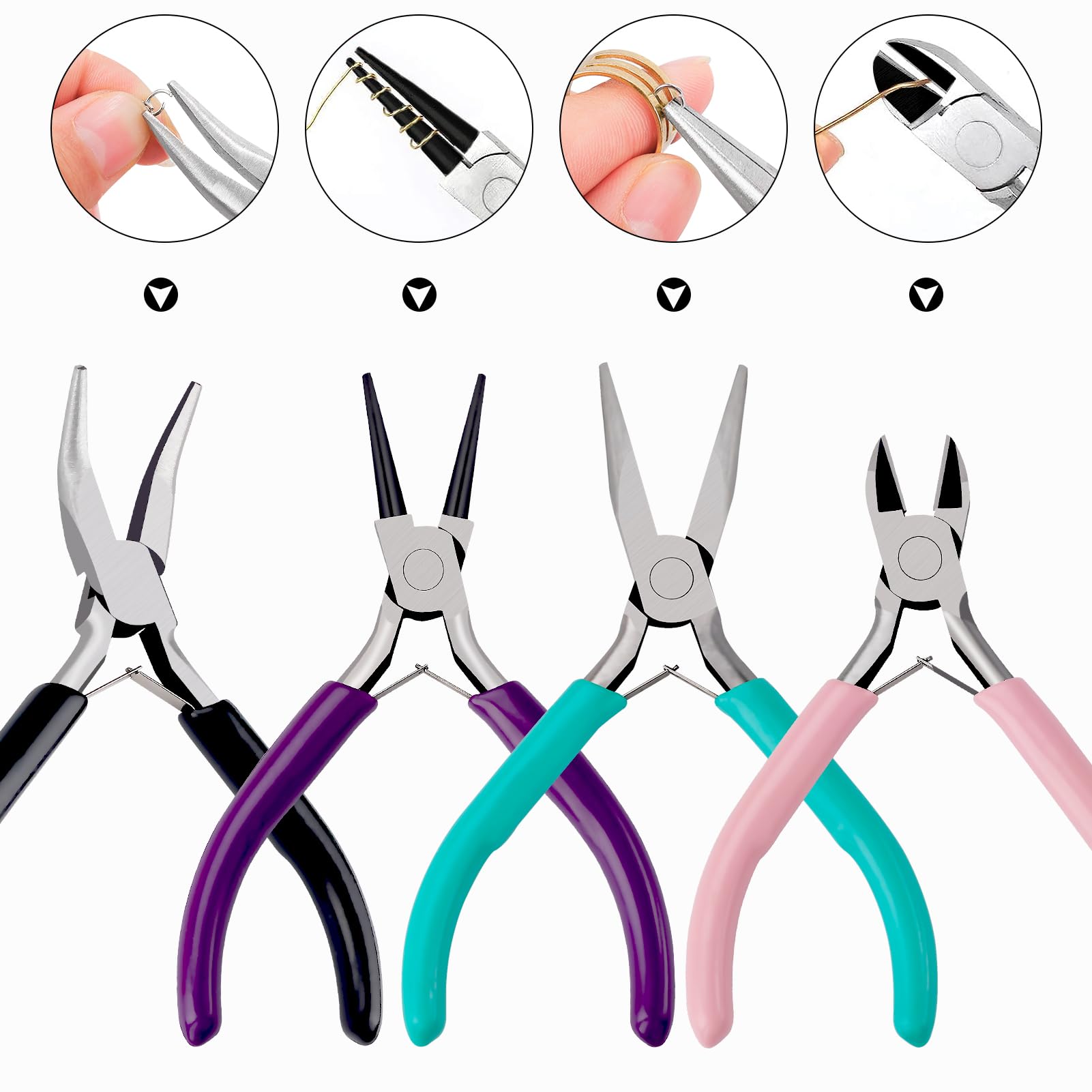 4 Pack Jewelry Pliers Jewelry Making Pliers Tools Kit with Needle Nose Pliers/ Chain Nose Pliers, Round Nose Pliers, Bent Nose Pliers, Wire Cutters for Wire Wrapping Earring Craft Making Supplies