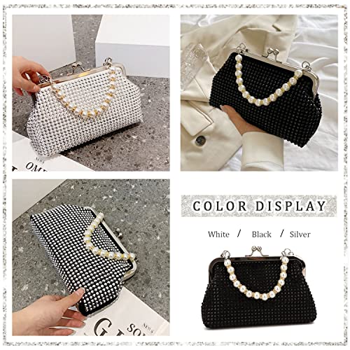 SUKUTU Women Luxury Full Rhinestone Shoulder Bag Noble Kiss Lock Crystal Messenger Bag Clutch Handbag with Pearl Beaded Chain