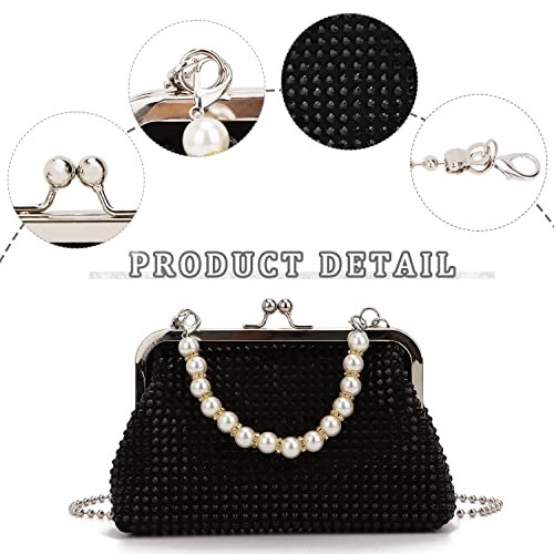 SUKUTU Women Luxury Full Rhinestone Shoulder Bag Noble Kiss Lock Crystal Messenger Bag Clutch Handbag with Pearl Beaded Chain