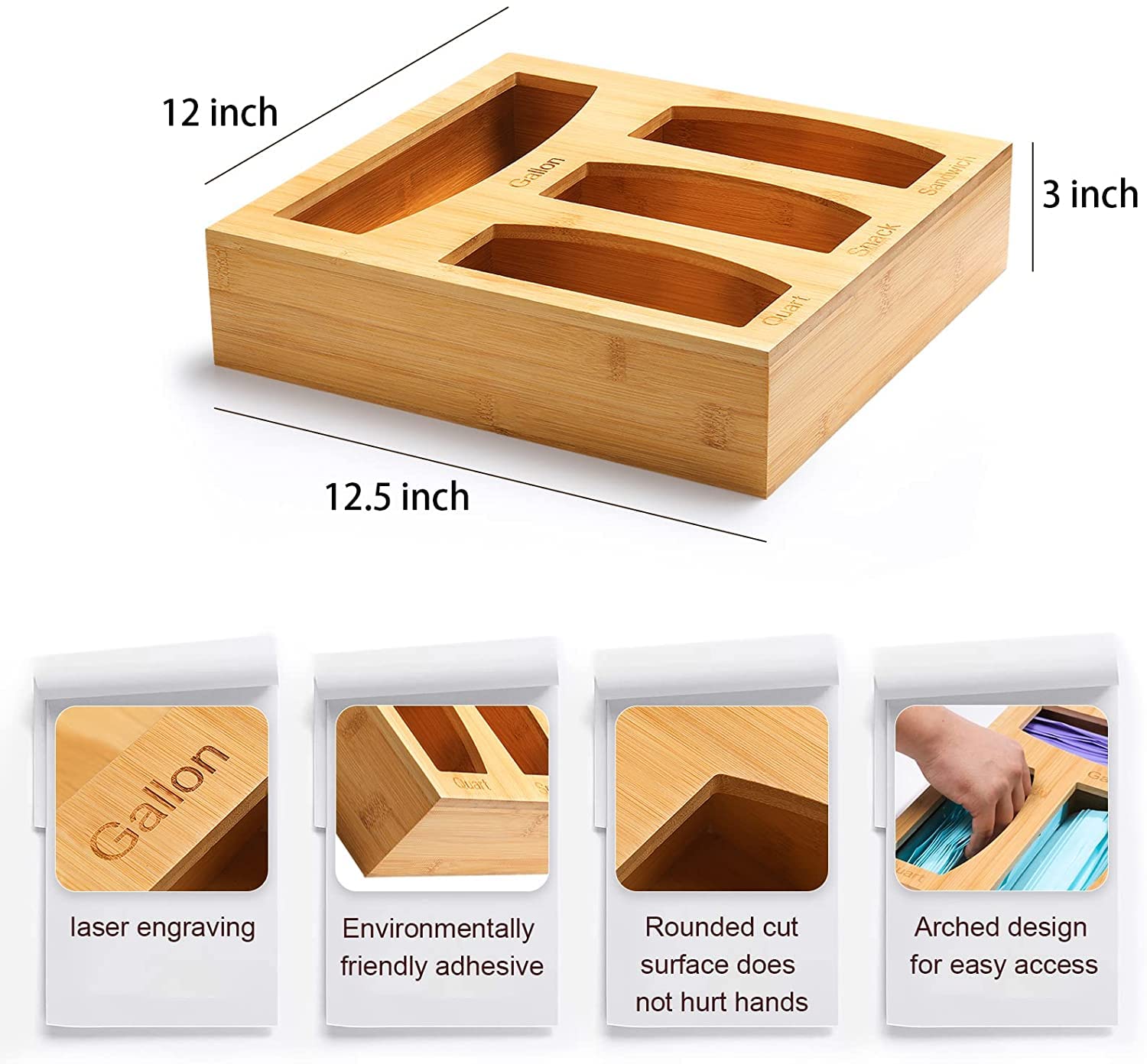 Food Ziplock Bag Storage Organizer For Kitchen Drawer, Bamboo Baggie Holder, Compatible With Ziploc, Solimo, Glad, Hefty For Gallon, Quart, Sandwich And Snack Variety Size Bags(1 Box 4 Slots) (1)