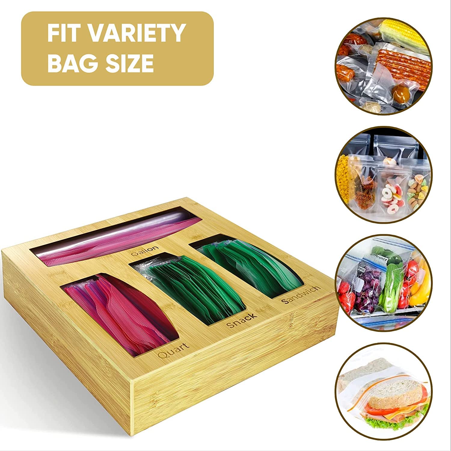 Food Ziplock Bag Storage Organizer For Kitchen Drawer, Bamboo Baggie Holder, Compatible With Ziploc, Solimo, Glad, Hefty For Gallon, Quart, Sandwich And Snack Variety Size Bags(1 Box 4 Slots) (1)