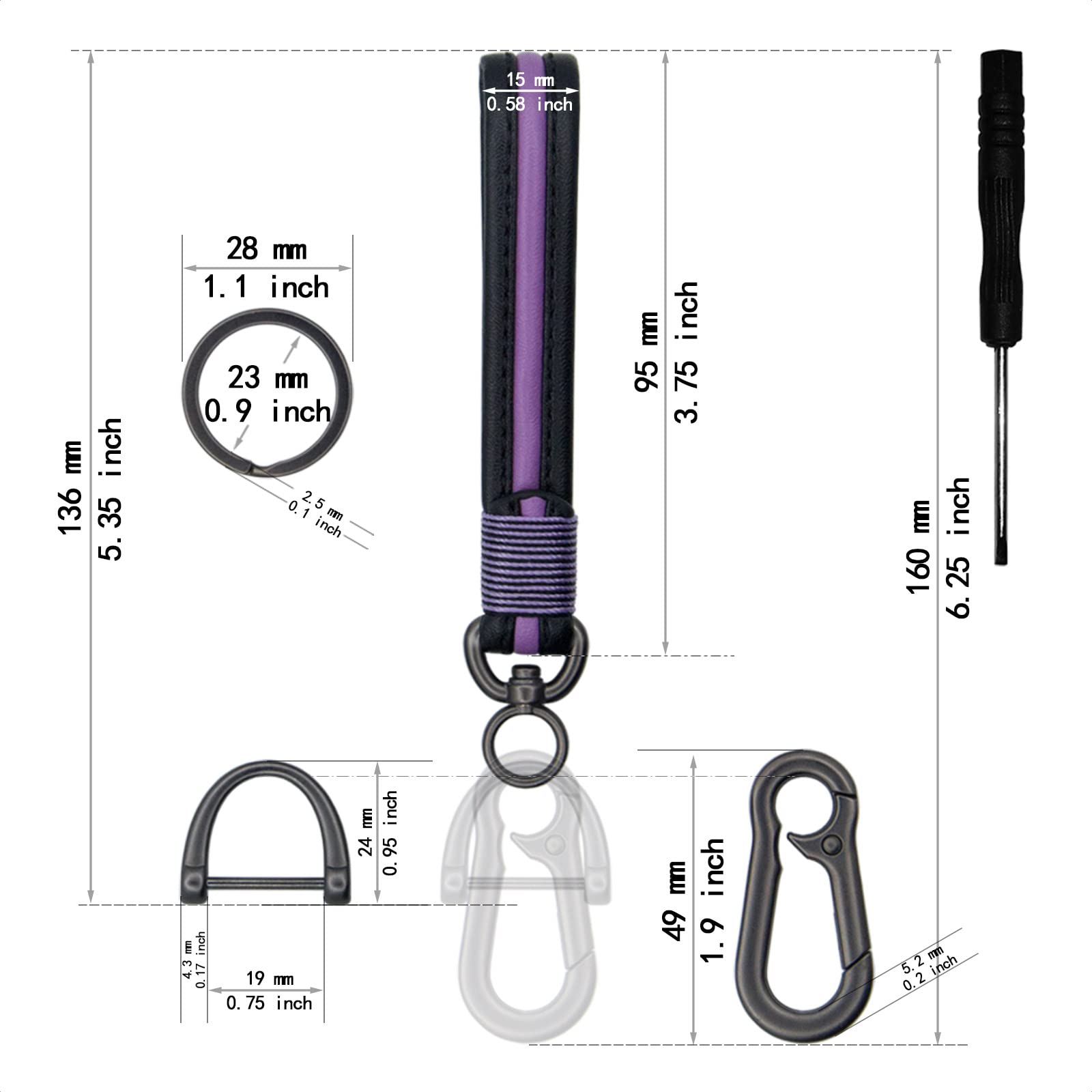 TANGSEN Purple Black Leather Keychain Handmade Wrist Strap Fingerprint Resistant