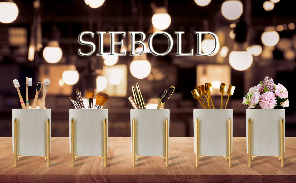 SIEBOLD Gold pencil cup Sturdy metal frame with white ceramic pen holder For desks and kitchen appliance holders(1set 4.6 - 3.14'')