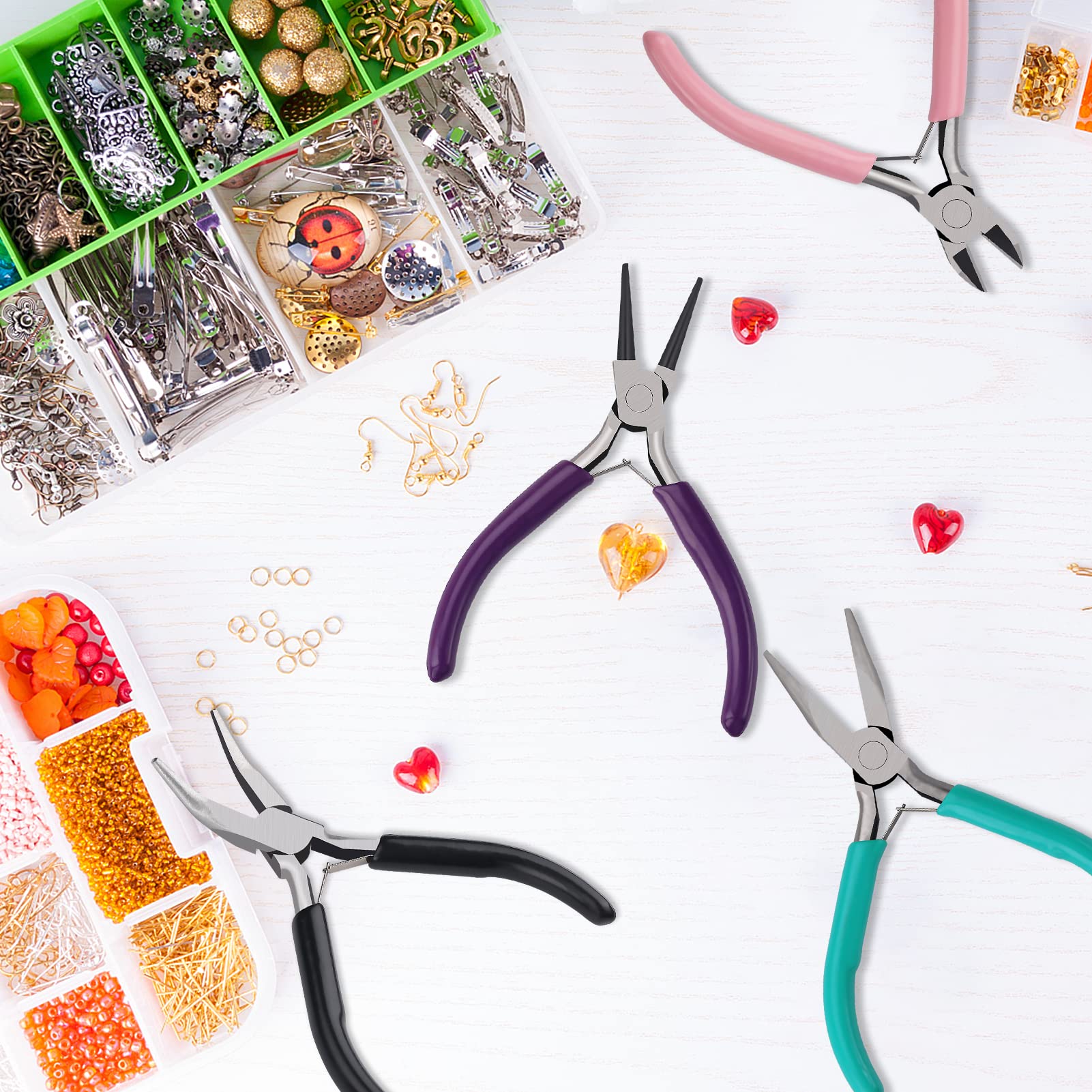 4 Pack Jewelry Pliers Jewelry Making Pliers Tools Kit with Needle Nose Pliers/ Chain Nose Pliers, Round Nose Pliers, Bent Nose Pliers, Wire Cutters for Wire Wrapping Earring Craft Making Supplies