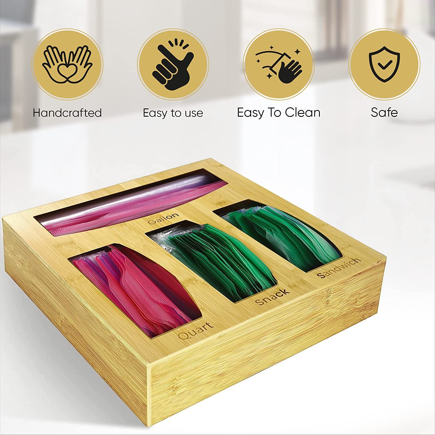 Food Ziplock Bag Storage Organizer For Kitchen Drawer, Bamboo Baggie Holder, Compatible With Ziploc, Solimo, Glad, Hefty For Gallon, Quart, Sandwich And Snack Variety Size Bags(1 Box 4 Slots) (1)